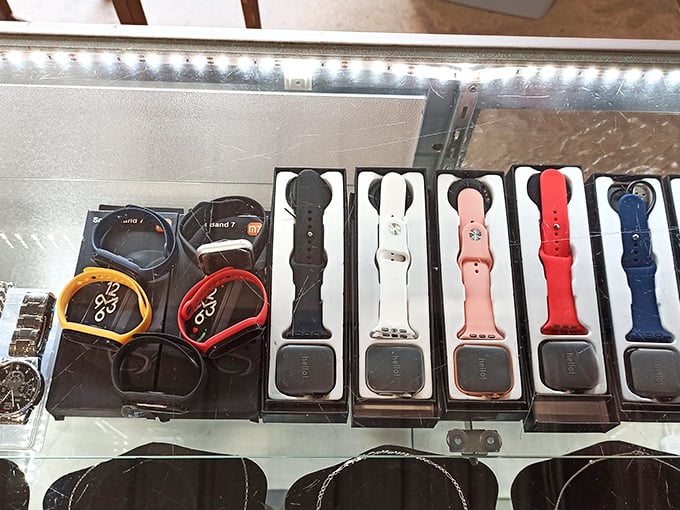 Tech treasures behind glass &ndash; where smartwatches wait to count steps you'll take exploring the rest of this massive marketplace.