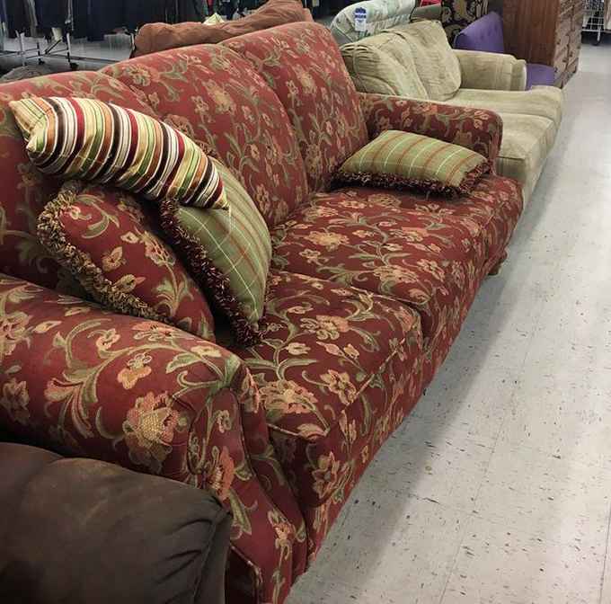 Sofa safari: where that perfect statement piece with "good bones" awaits someone with vision and perhaps a slipcover.