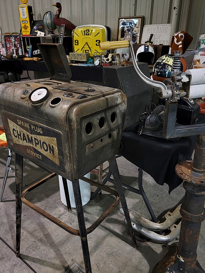 A Champion spark plug cleaner that's survived decades of garage life. Tools built when "planned obsolescence" wasn't yet in the corporate playbook.