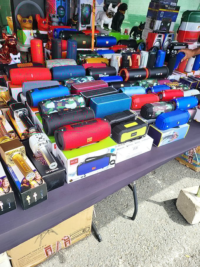 Portable speakers in every color imaginable, because nothing says "I'm fun at parties" like a neon blue Bluetooth boombox.