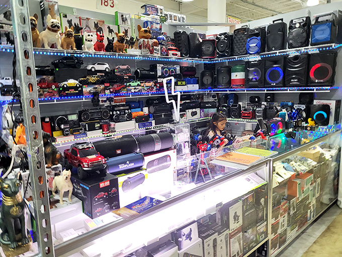 Electronic wonderland where speakers, toys, and gadgets compete for attention. The perfect place to find that thing you didn't know you needed.