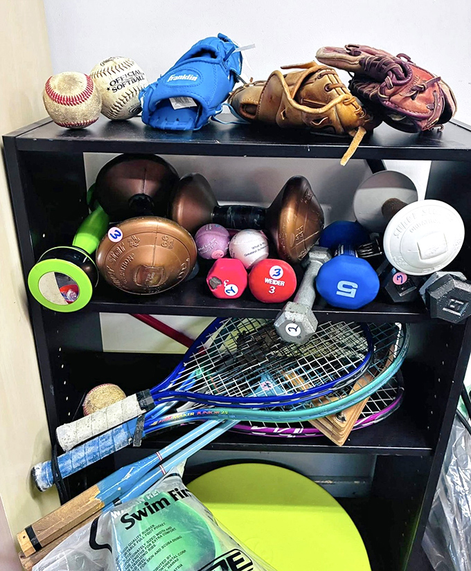 The sports equipment corner&mdash;where tennis rackets, baseball gloves, and footballs get their second wind with new players.