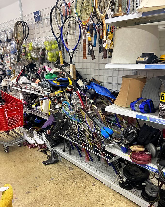 Sports equipment purgatory where tennis rackets and ice skates await athletic redemption. Someone's abandoned hobby is your new weekend passion project.