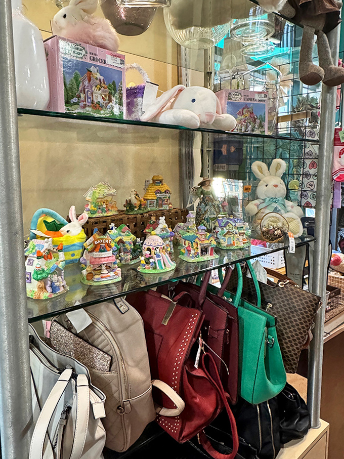 Easter decor meets designer handbags in this glass cabinet of curiosities&mdash;seasonal charm with year-round style.