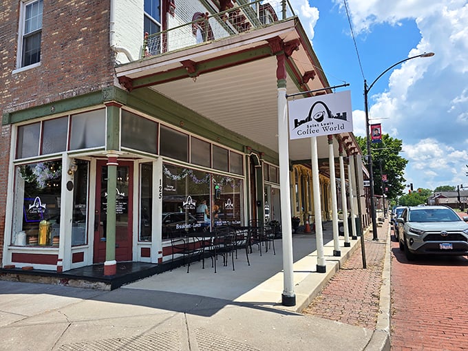 St. Louis Coffee World offers sidewalk seating perfect for people-watching while caffeinating. The cornerstone of civilization: good coffee served with a side of community.
