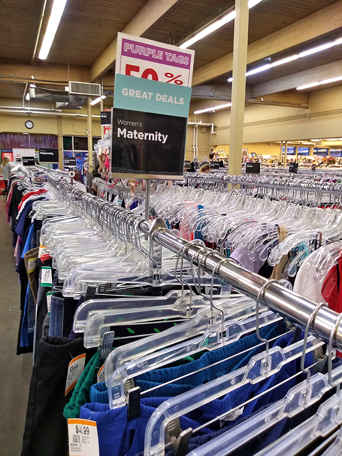 Purple tags mean extra savings! The color-coded discount system at Value Village adds another layer of strategy to your bargain-hunting adventure.