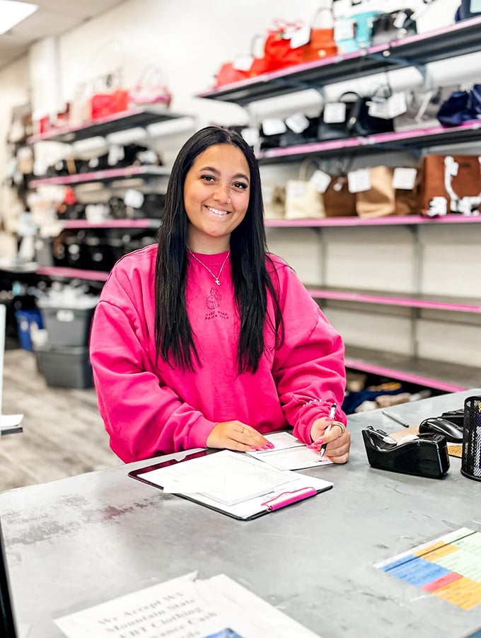 A friendly face greets customers at the buying counter, where yesterday's fashion choices transform into today's spending money.