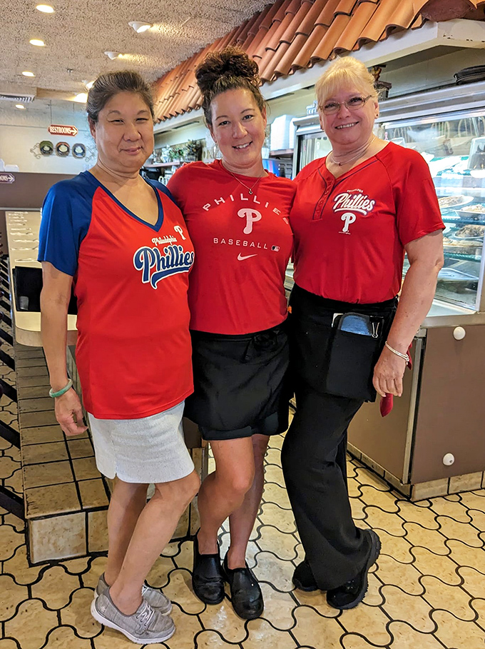 The staff at Zoto's sports Phillies gear with pride—proving that in Pennsylvania, baseball and breakfast are equally sacred institutions.