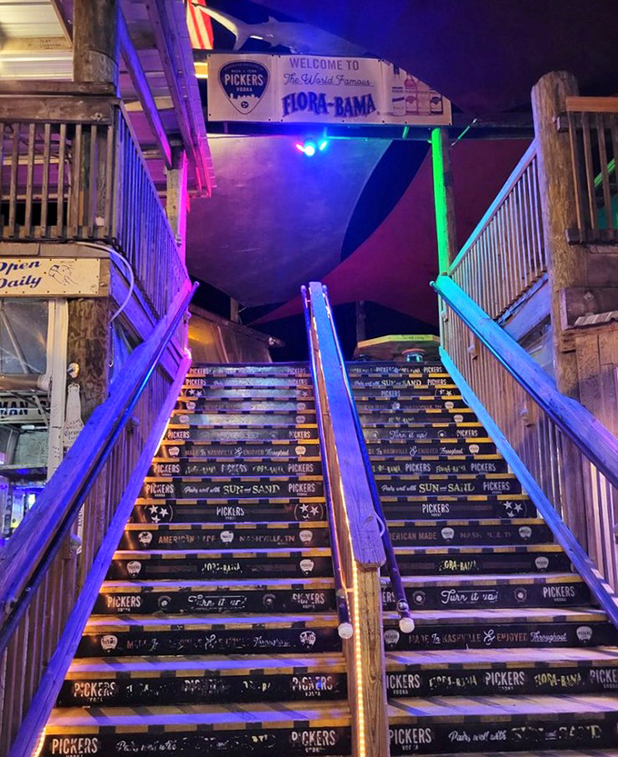 The stairway to heaven? Perhaps&mdash;these neon-lit steps have guided countless revelers toward music, merriment, and memories they may not entirely remember.