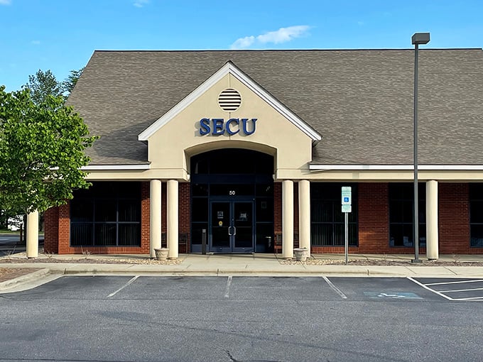 The credit union building stands as proof that even banking can look quaint when surrounded by mountain air and small-town charm.