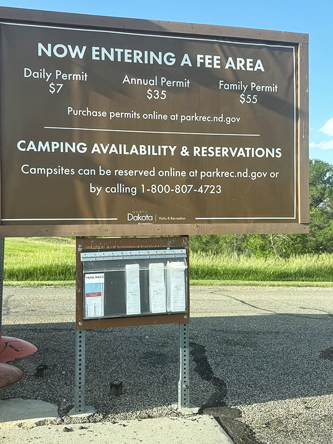 Park rules and rates displayed clearly for all visitors. Consider it the modest cover charge for nature's greatest show.