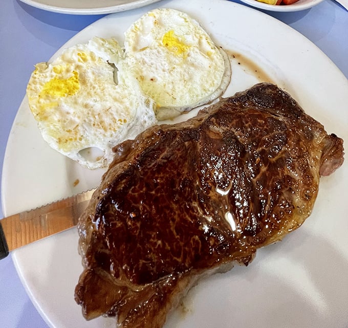 A steak and eggs plate that answers the eternal question, "Why choose between breakfast and dinner?" with a resounding "You don't have to!"