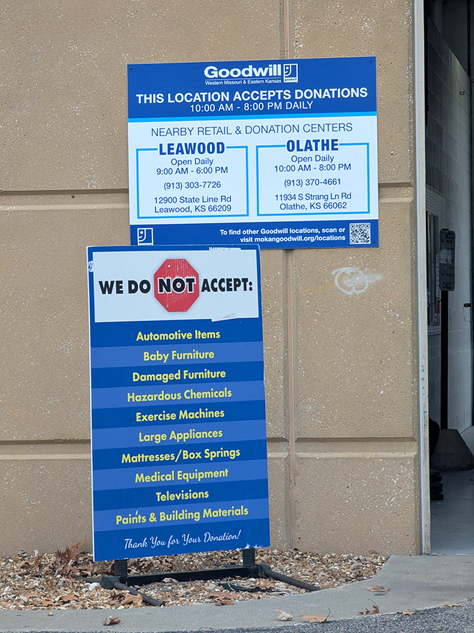 The rules of donation engagement clearly spelled out. Sorry, no exercise equipment&mdash;the universe already has enough abandoned treadmills.