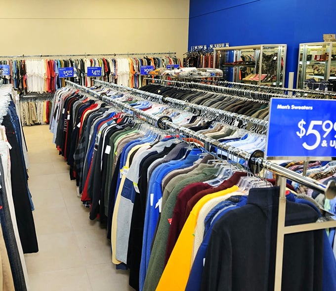 The men's section: where $5.99 can transform your wardrobe. These sweaters have seen business meetings, first dates, and probably a few holiday parties.