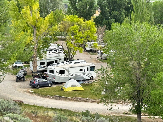 Temple Ridge Campground nestles RVs and tents among leafy trees &ndash; proving Utah's version of "roughing it" still comes with spectacular scenery.