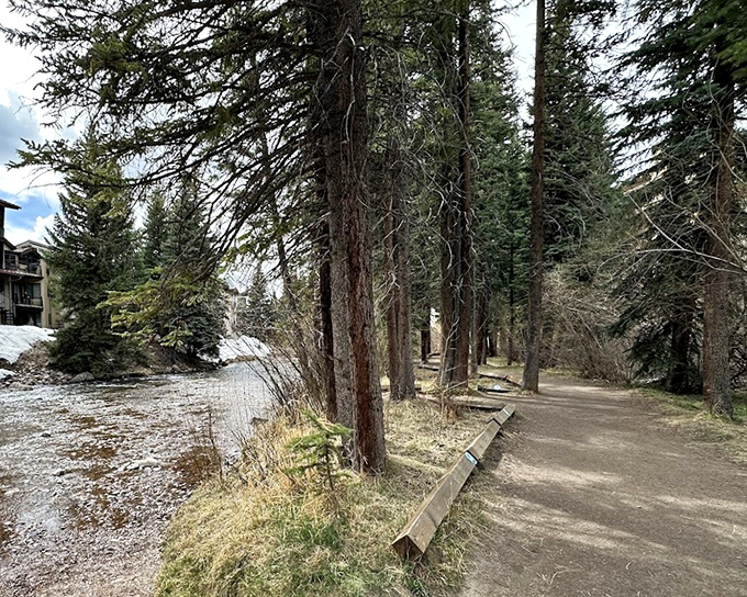 The Gore Creek Trail offers a peaceful dirt path alongside rushing waters&mdash;nature's version of a moving sidewalk, minus the airport announcements.