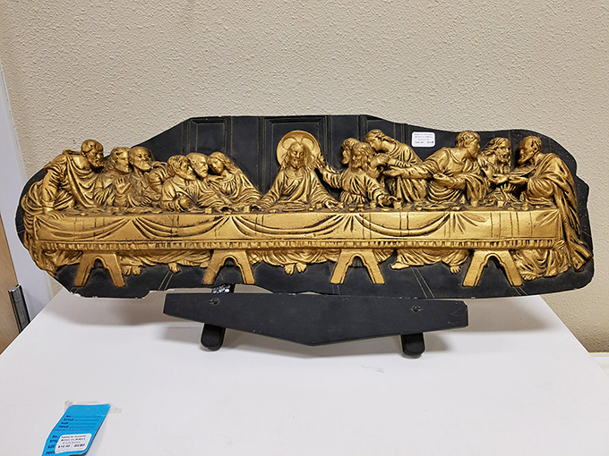 Even religious iconography finds new life here. This Last Supper relief might be the conversation piece your dining room never knew it needed.