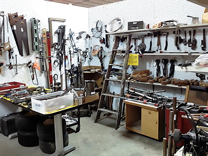 The tool section: where handymen whisper "I need that" and spouses whisper "You already have three." A pegboard paradise of practical possibilities.