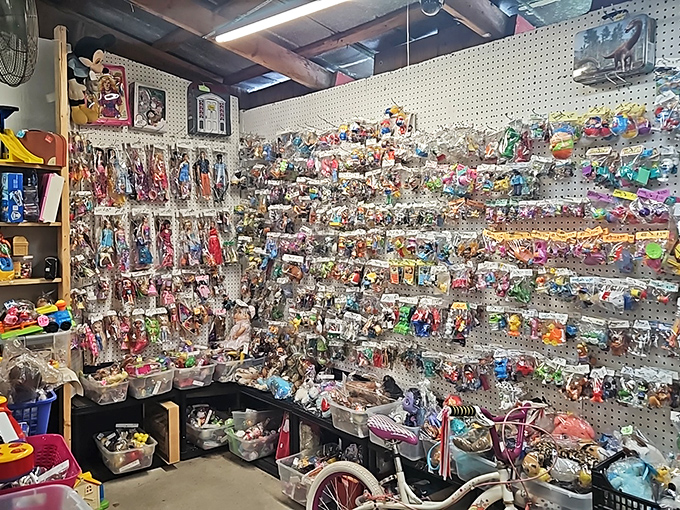 Toy heaven where childhood memories hang in plastic bags. Each tiny treasure waiting to create joy for a new generation.