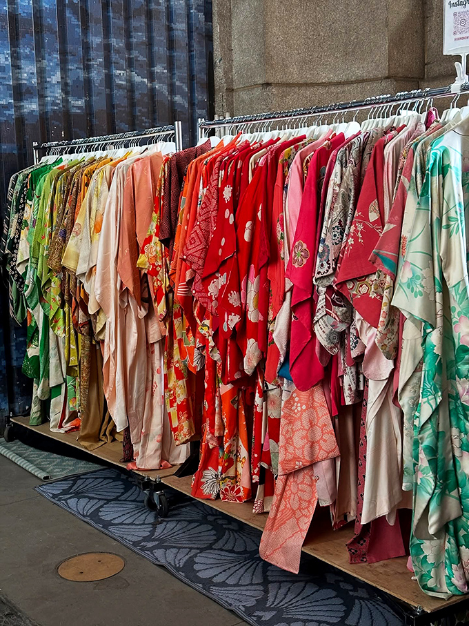 A rainbow of vintage kimonos that transforms ordinary mortals into elegant beings. The color coordination alone deserves applause.