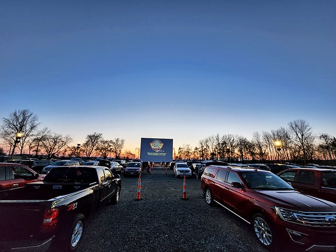 Rows of cars at twilight create a community of movie lovers all sharing one beautiful, old-fashioned experience together.
