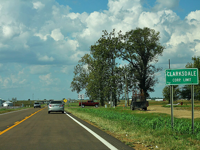 The road into Clarksdale offers that quintessential Mississippi moment when the horizon stretches wider than your worries.