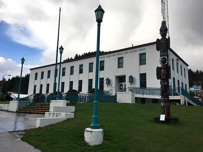 The post office where your postcards begin their journey home. That totem pole standing guard has seen more travelers than most tour guides.