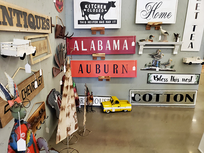 Alabama pride meets vintage charm, with signs that celebrate both local spirit and simpler times.