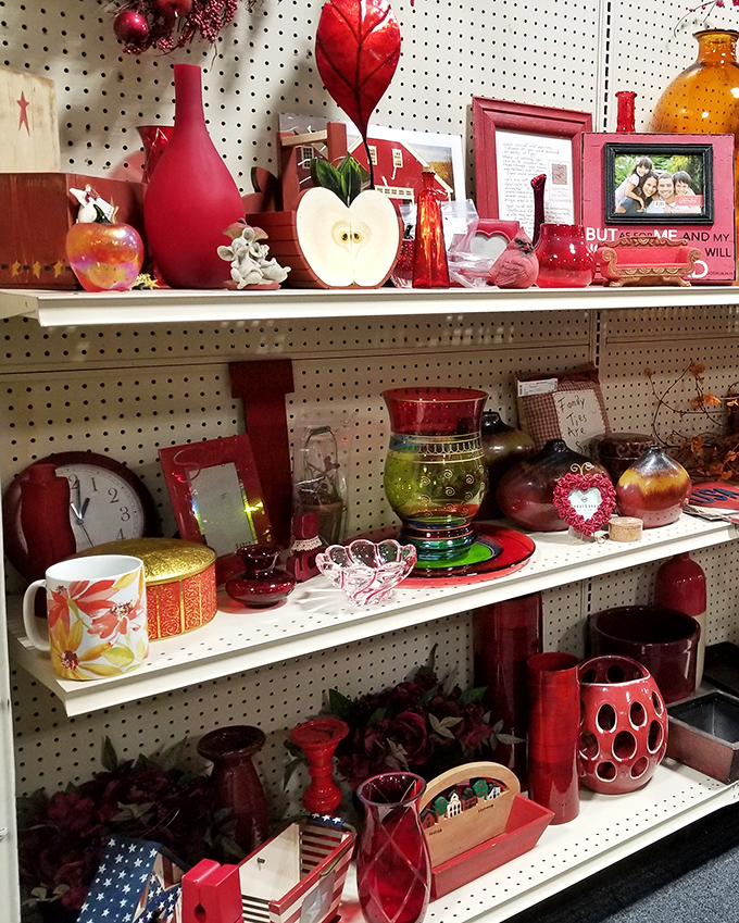 The red section: where crimson vases, frames, and d&eacute;cor create a color-coordinated treasure hunter's dream.