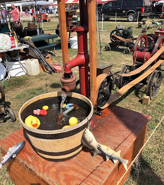 Rubber duckies meet rural engineering! This vintage hand pump creates the world's most charming water feature for yellow bath toys.