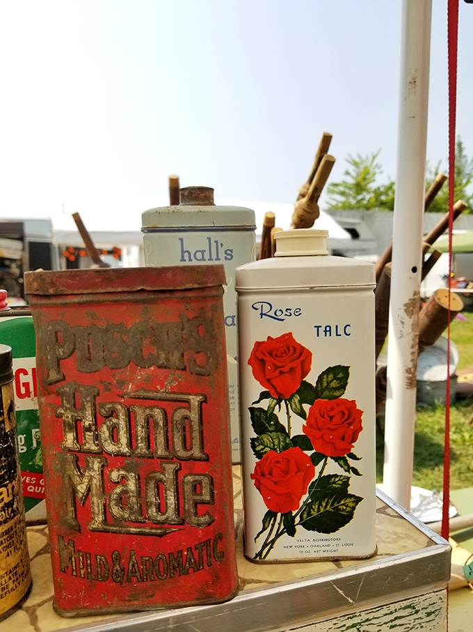 "Packer's Hand Made" meets "Rose Talc"&mdash;vintage tins that once held everyday products now command collector prices for their graphic charm.