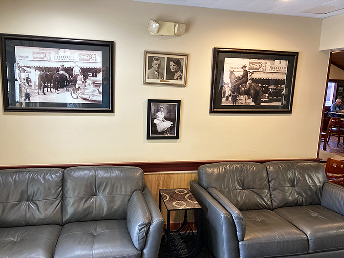 The waiting area where anticipation builds and vintage photos remind you this place has stories to tell.