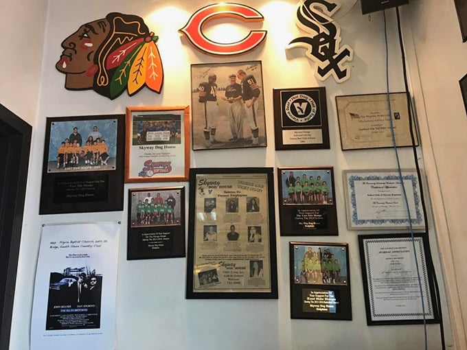 Chicago sports memorabilia adorns the walls—because in this town, hot dogs, baseball, and civic pride are all part of the same religion.