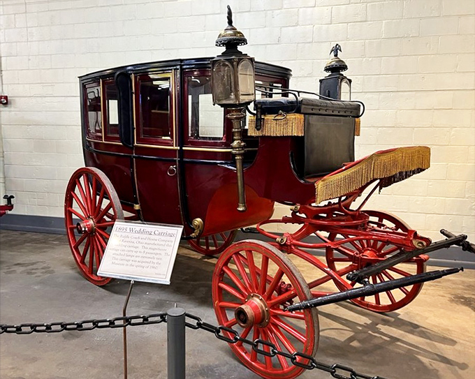 This elegant wedding carriage reminds us that before "Just Married" tin cans, newlyweds rode off in style with actual horsepower and considerably more romance.