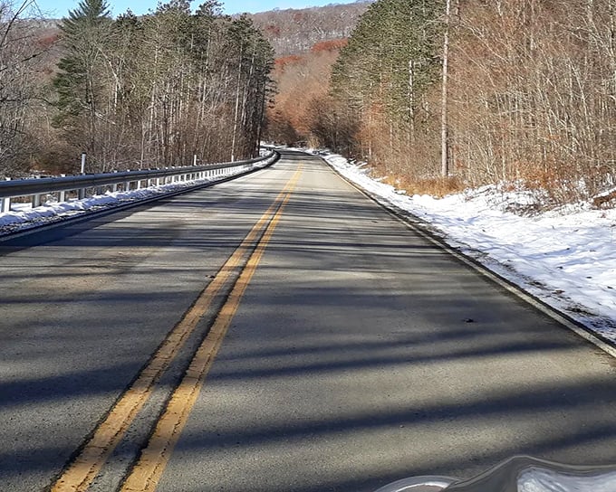Winter transforms the drive into a monochromatic masterpiece. The snow-lined roads offer a peaceful solitude that makes you whisper even inside your car.