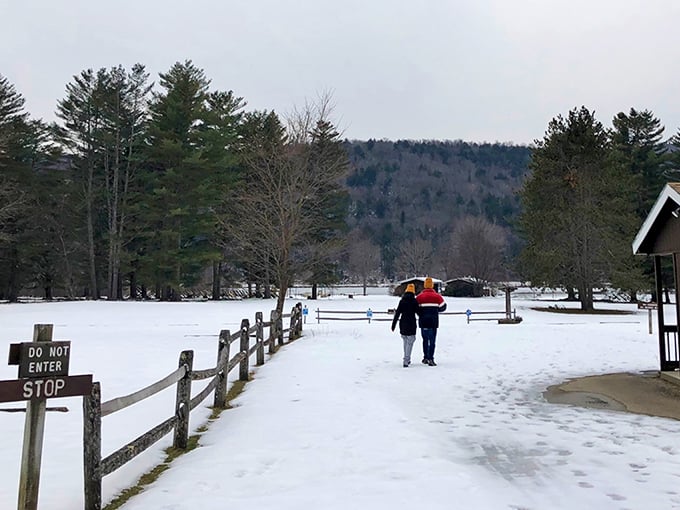 Winter transforms Camp Plymouth into a snow globe come to life. Even in the coldest months, the park's magic draws visitors seeking peaceful solitude.