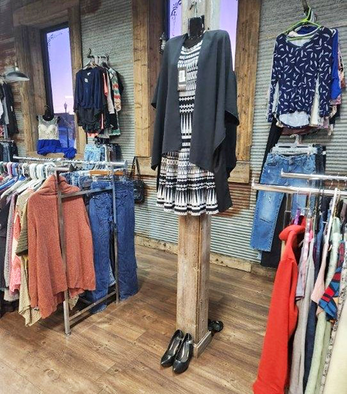 Fashion forward without breaking the bank! This stylish display showcases how thrift store finds can create runway-worthy outfits.