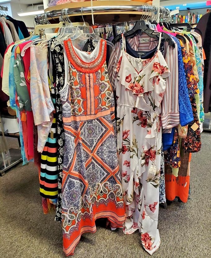 Fashion finds that span decades and styles. That orange patterned dress could take you from Wyoming wedding to Santa Fe art opening.