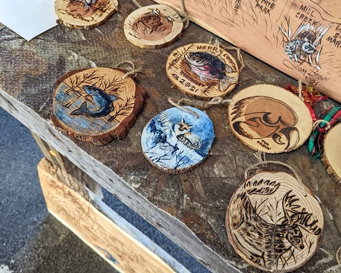 Hand-painted wooden ornaments showcase local artistry – rustic South Carolina charm you can hang on your wall.