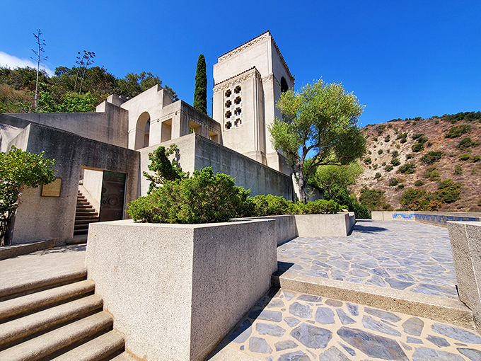 The Wrigley Memorial combines stark modernism with Mediterranean touches, a sun-drenched tribute standing proudly against Catalina's hills.