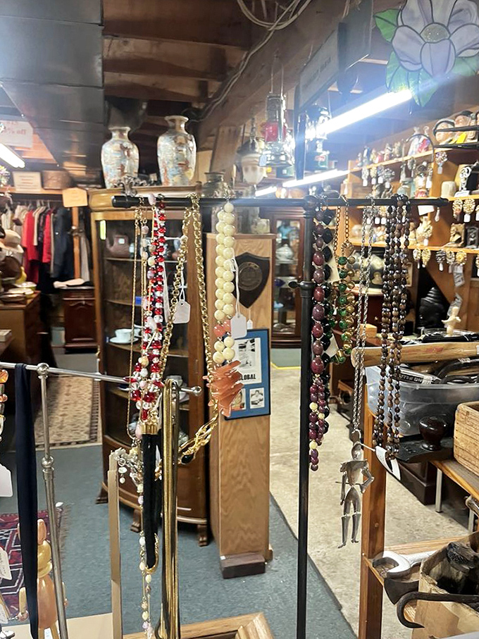 Beaded necklaces dangling like colorful fishing lures, hoping to catch the eye of someone who appreciates vintage sparkle and bygone glamour.