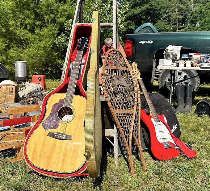 Musical possibilities lean casually against a vintage snowshoe—acoustic dreams and electric ambitions waiting for the right hands to bring them back to life.