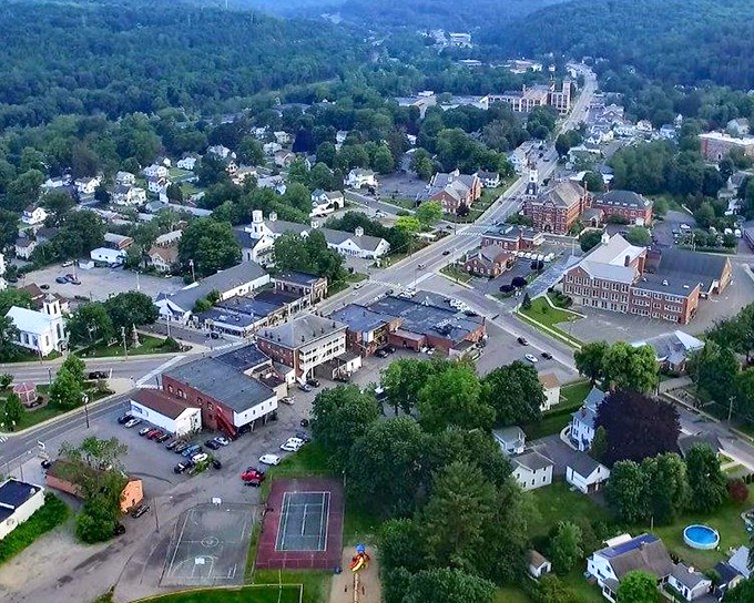 From above, Thomaston reveals itself as a perfect patchwork of New England life &ndash; historic buildings, neighborhood pools, and nature's embrace.