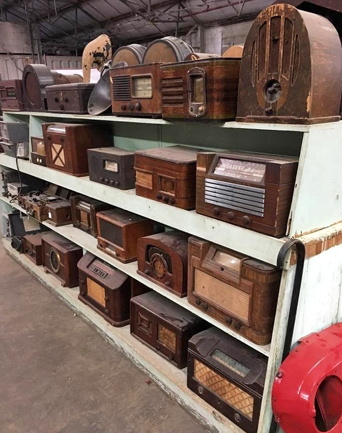 Radio days come alive on these shelves. Before Spotify playlists, these wooden beauties were the soundtrack to American living rooms.