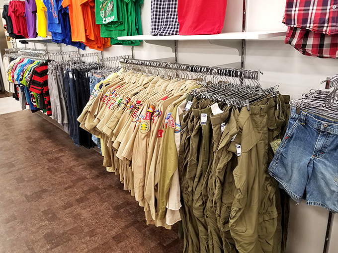 The men's department: where khaki pants outnumber customers ten to one, and plaid shirts wait for their next fishing trip.