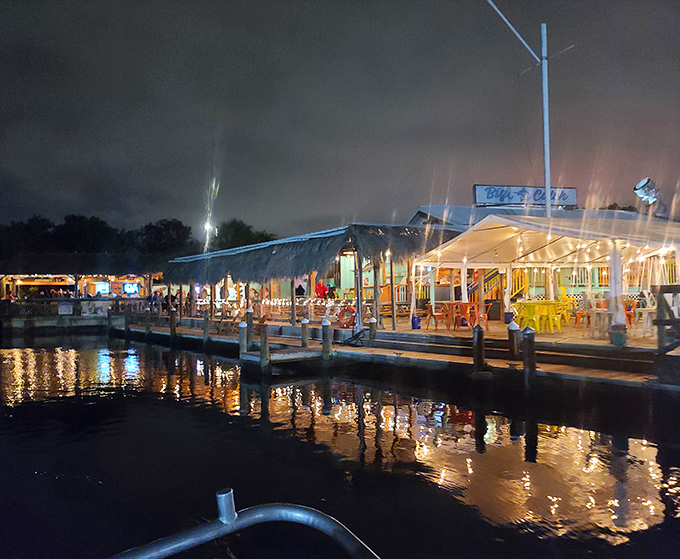 As night falls, The Big Catch transforms into a twinkling waterfront fantasy. The lights reflecting off Salt Creek create nature's most appetizing dinner show.