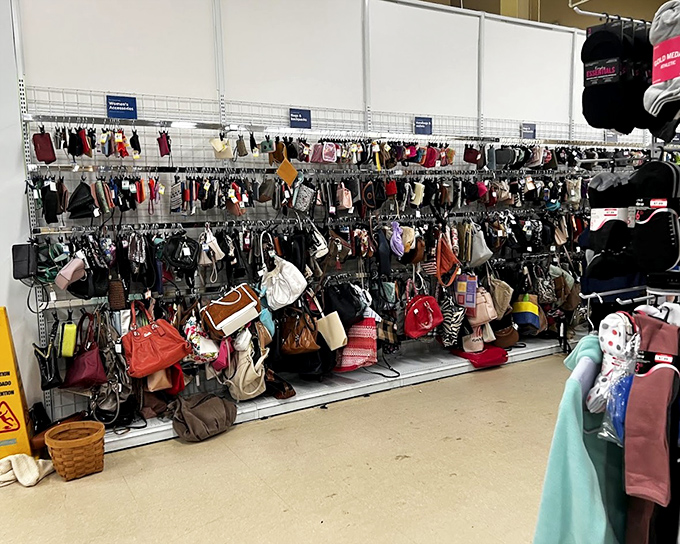 Handbag heaven! A colorful cascade of purses and totes waiting for their next adventure. Some still look ready for a night on the town.