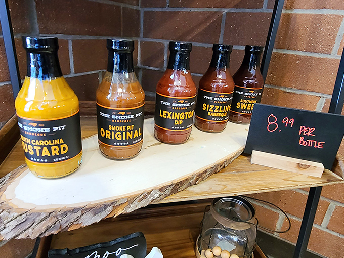 The sauce lineup &ndash; from Carolina mustard to smoky original. Like choosing your weapon before a delicious battle.