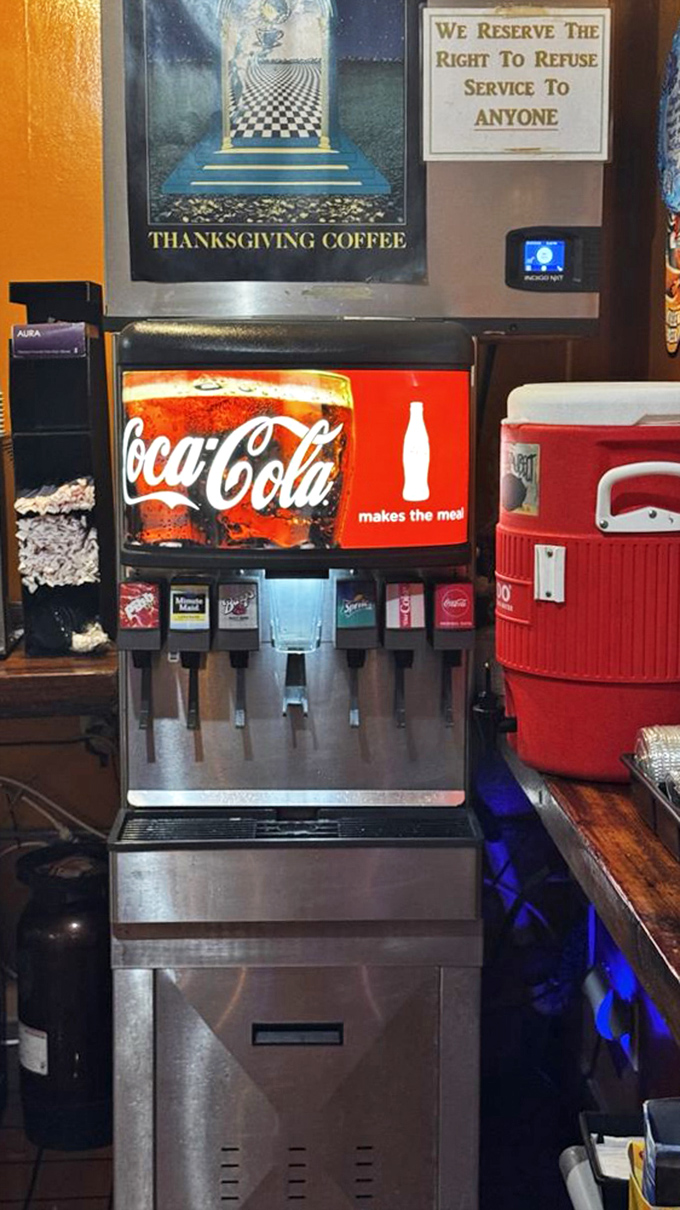 The soda machine and coffee offerings&mdash;because even the best seafood needs something to wash it down. Simple pleasures, perfectly executed.