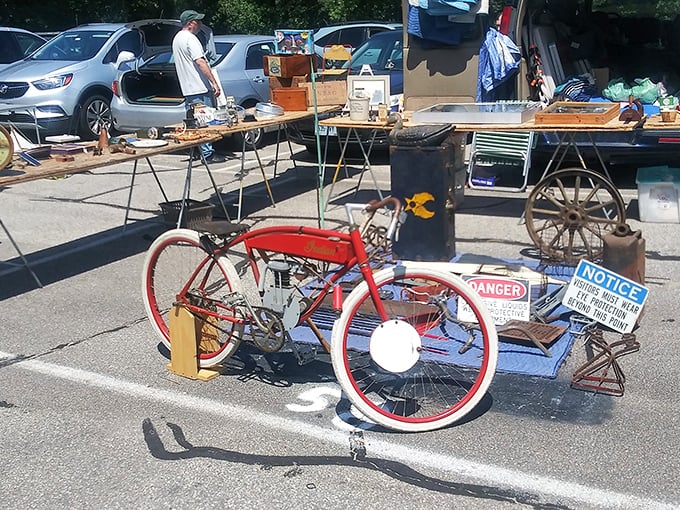 A cherry-red vintage bicycle stands as functional sculpture among the treasures. Its classic lines and worn patina tell stories of journeys past.